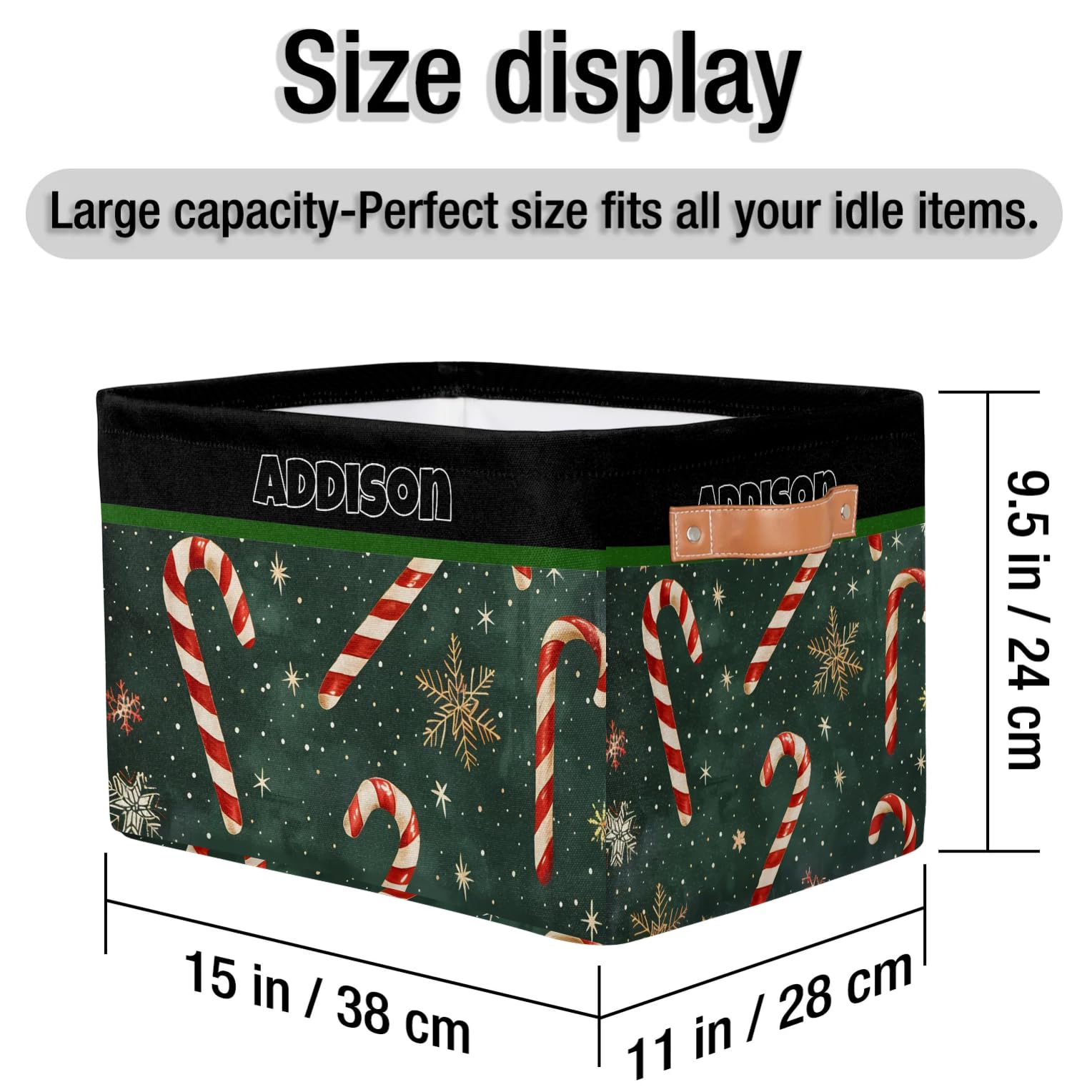 KFNHN Personalized Storage Bins, Customized Name Storage Basket Rectangle Clothes Organizer for Organizing Kids and Pets Toys Shelf Closet, Merry Christmas Green Candy Cane Snowflake