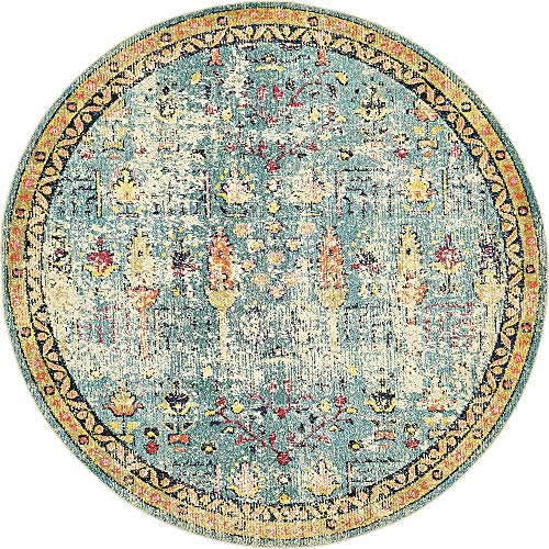 Unique Loom Monterey Collection Vintage Bohemian Inspired with Distressed Tribal Design Area Rug, Round 8' 0" x 8' 0", Blue/Yellow