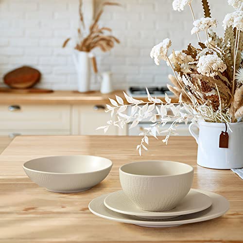 EZOWare 5.5-inch Stoneware Cereal Bowl Set, Set of 6 20oz Microwave Safe Classic Kitchen Dishes, Decorative Pattern Round Bowls For Rice, Soup, Salad, Dessert, Pasta and Noodle - Khaki