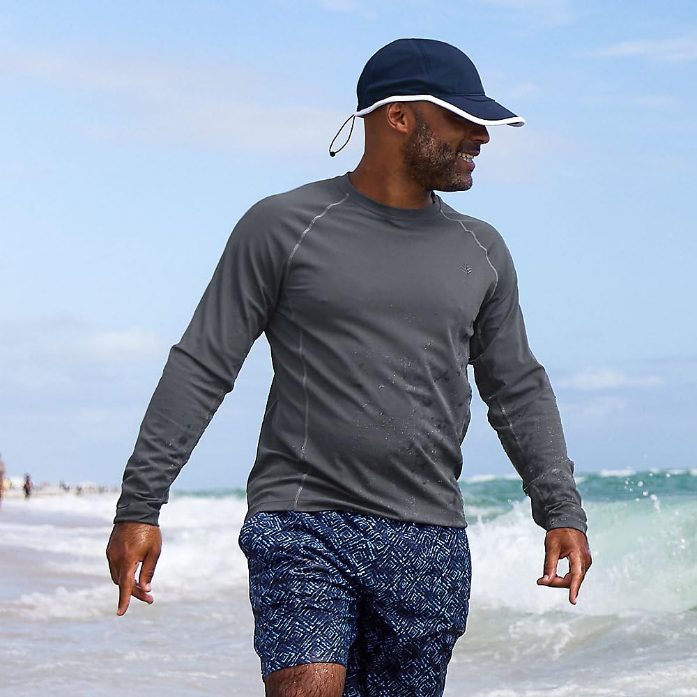 Coolibar UPF 50+ Men's Hightide Long Sleeve Swim Shirt - Sun Protective (Medium- Mercury/White Colorblock)