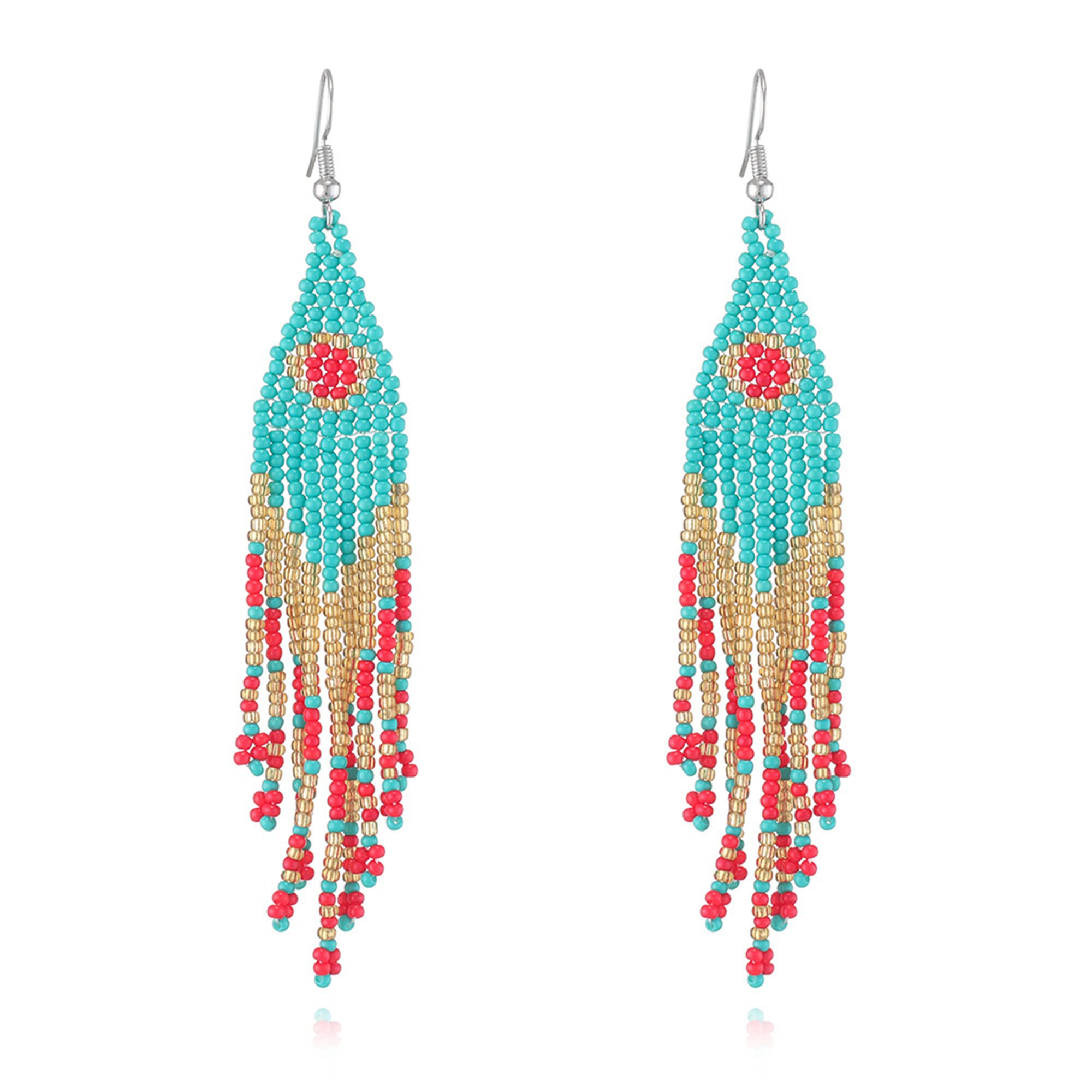 DoreenBow Long Beaded Tassel Light Blue Earrings Boho Hoop Beaded Dangle Earrings Handmade Seed Bead Earrings Fringe Drop Earrings for Women and Girls