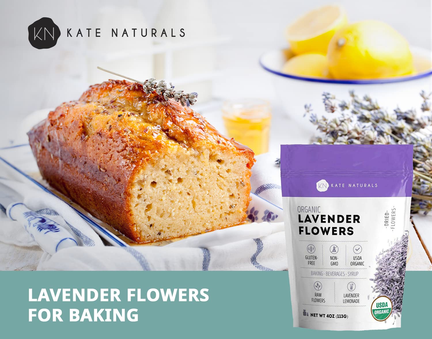 Dried Lavender Flowers for Tea and Soap Making (4oz) - Kate Naturals. USDA Organic Dried Flowers From Lavender Plant for Lavender Tea & Lemonade. Culinary Lavender and Edible Lavender Buds.