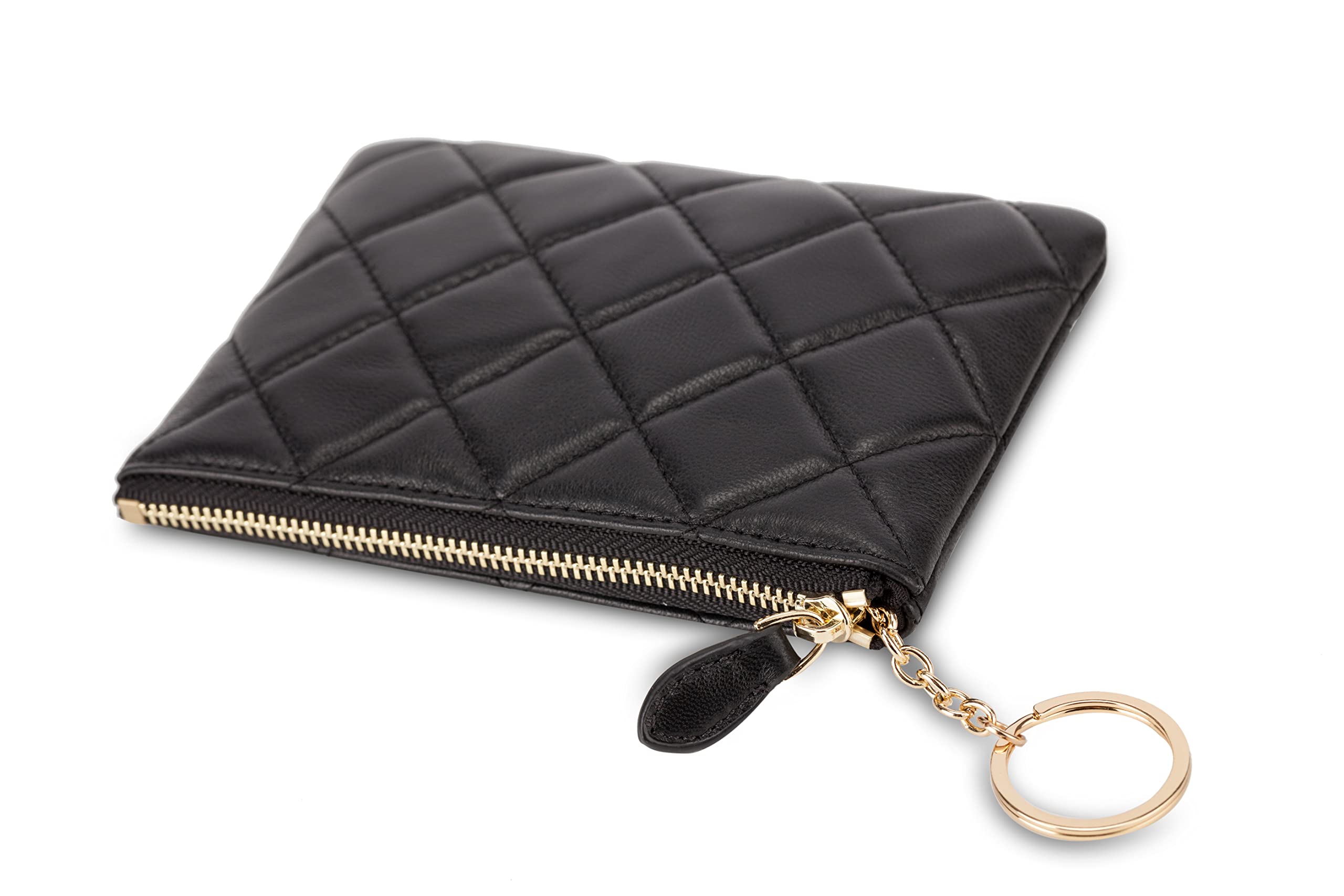 DORIS&JACKY Soft Lambskin Leather Coin Purse Small Quilted RFID Blocking Top Zipper Wallet With Keychain (Black)