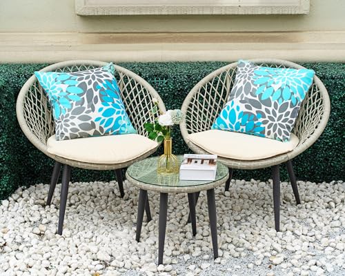 Leasbar 3 Piece Patio Bistro Furniture Set PE Rattan Conversation Chairs Glass Top Table Outdoor Patio Chair with Soft Cushions All-Weather Widening Patio Furniture Set for Backyard Balcony Deck