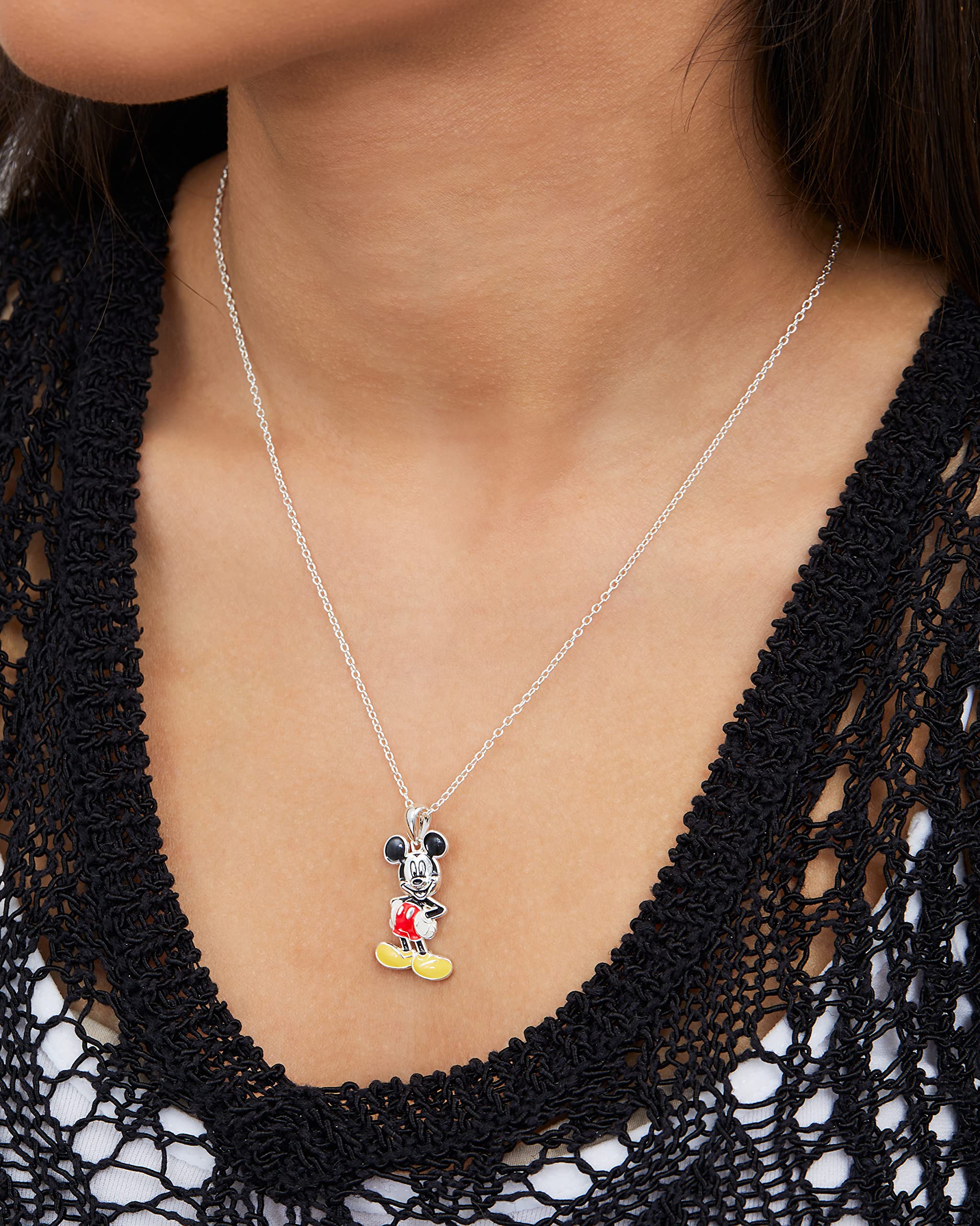 Disney Mickey Mouse Jewelry for Women, Silver-Plated Enamel Classic Mickey Mouse Pose Pendant Necklace, 18β Chain