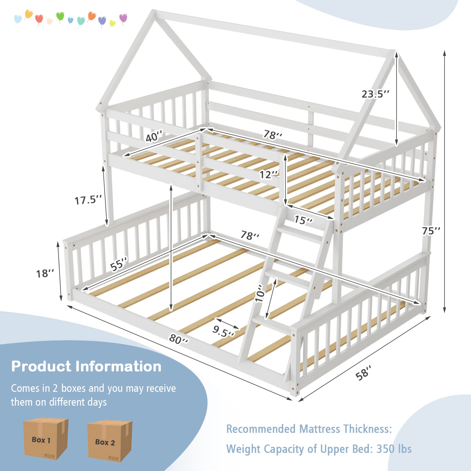 KOMFOTT Wood Twin Over Full House Bunk Bed with Built in Ladder, Solid Pine Wood Bunk Bed Frame with Safety Guardrails, House Bunk Bed Frame for Kids, Teens, Juniors, No Box Spring Needed (White)