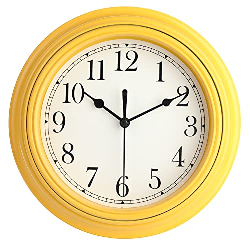 Topkey Silent Wall Clock Kitchen 9 Inch Retro Non-Ticking Decorative Bedroom Office Wall Clock -Yellow