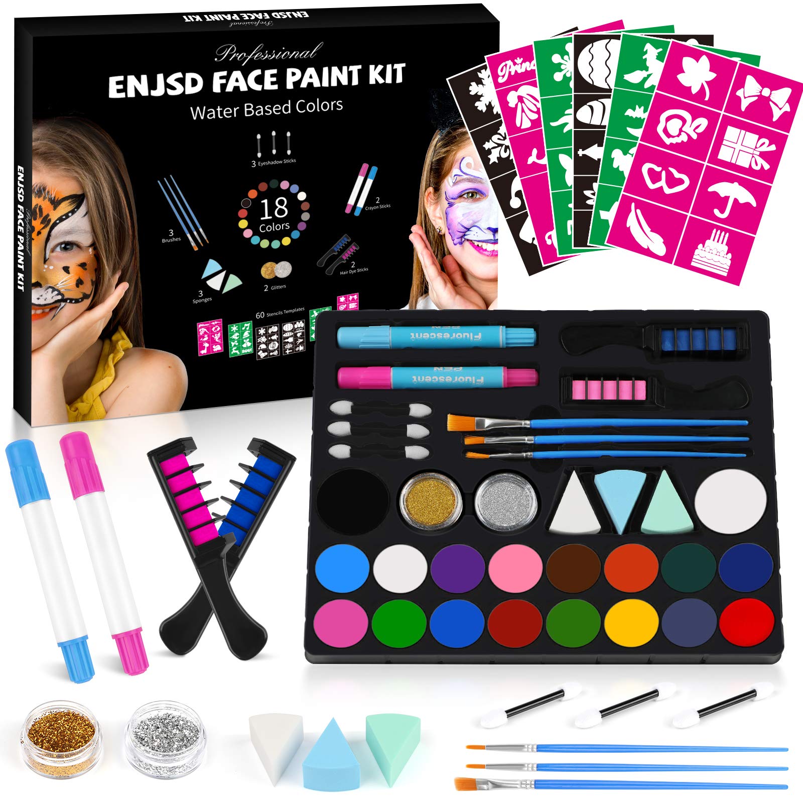 Face Paint Kit for Kids - 50 Stencils, ENJSD Halloween Makeup Kit 18 Large Water Based Paints, 2 Hair Chalks 3 Eyeshadow Sticks, Professional Face Paint Palette, Safe for Sensitive Skin