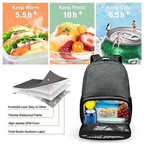 Ocraho Lunch Bag Backpack Insulated Cooler Lunch Box Backpack,Travel Laptop Backpack with USB Port for Women Men Fits 15.6 Inch Laptop (Gray-2)