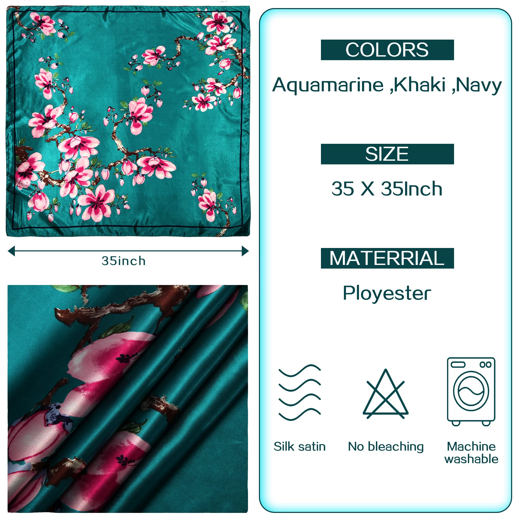 DOOBO Silk Scarf - 3 Pcs 35 Inches Polyester Satin Head Scarf for Women - Aquamarine, Navy, Khaki