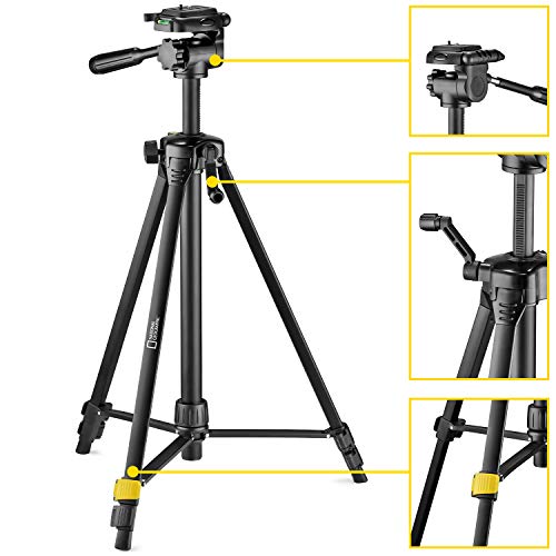 NATIONAL GEOGRAPHIC Photo Tripod Kit Medium, with Carrying Bag, 3-Way Head, Quick Release, 3-Section Legs Lever Locks, Geared Centre Column, Load up 1,5kg, Aluminium, for Canon, Nikon, Sony, NGHP000