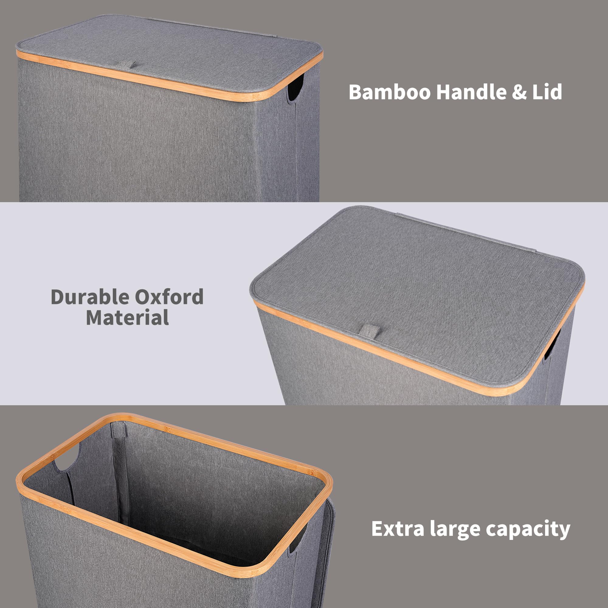 efluky Extra Large Laundry Basket with Lid, 145L Single Basket without Inner Bag for Clothes and Toys, Freestanding Collapsible Hamper for Bedroom Bathroom, Grey