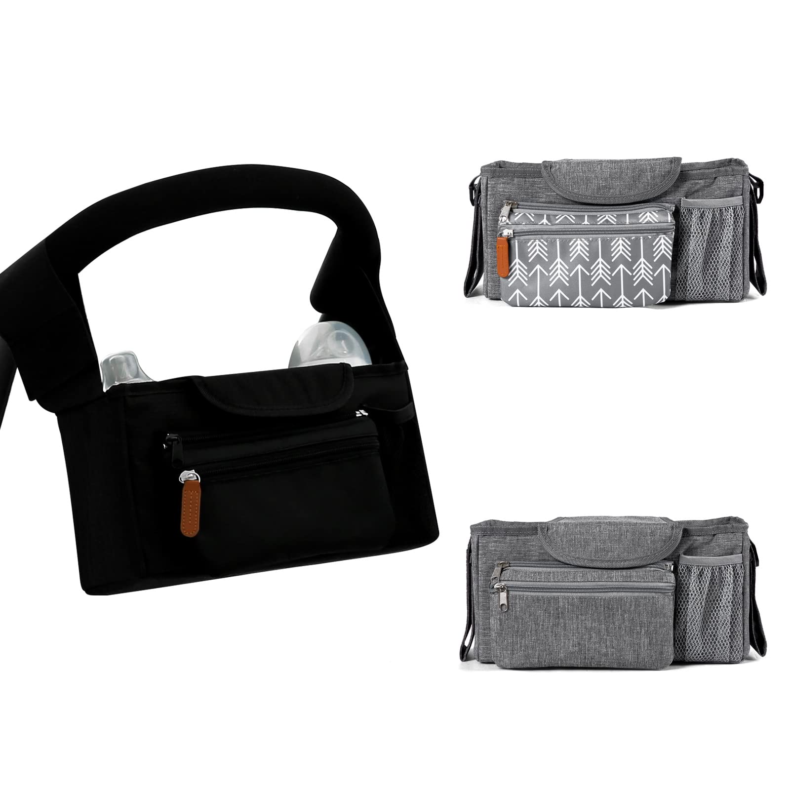 GOGOSO Baby Stroller Diaper Organizer Bag with Cup Holder, Universal Fit Most Strollers, Space for Diapers, Wipes & Toys, Black