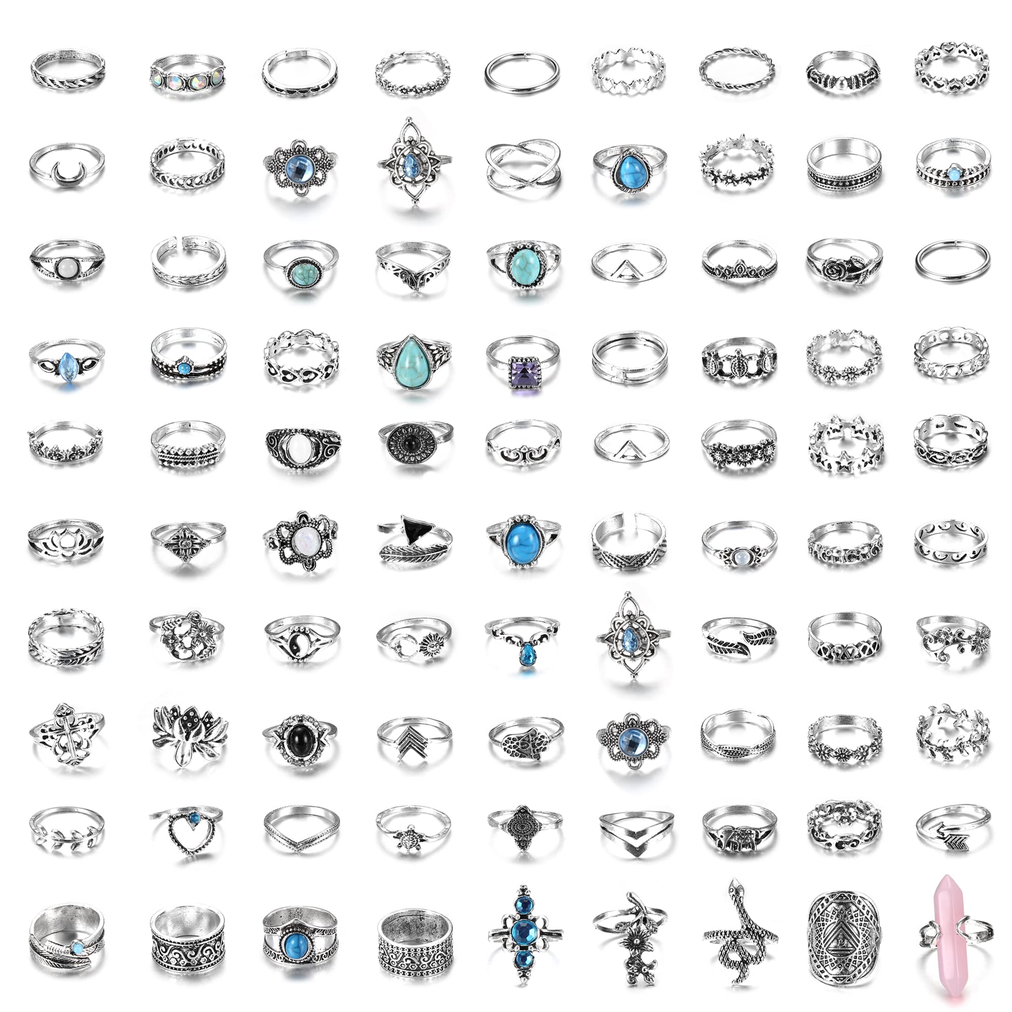 FASACCO 90Pcs Vintage Silver Knuckle Rings Set for Women Men Bohemian Stackable Joint Finger Rings Goth Hippie Punk Boho Butterfly Snake Retro Stone Crystal Stacking Midi Rings Pack