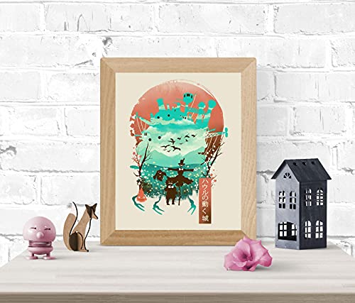 Japanese Castle Art Print - Ukiyo-e Wall Art 8 x 10 Unframed Japanese Anime Artwork Wizard Print Hayao Miyazaki Wall Hanging Cool Movie Inspired Home Decor, Calcifer Turnip Head Artwork