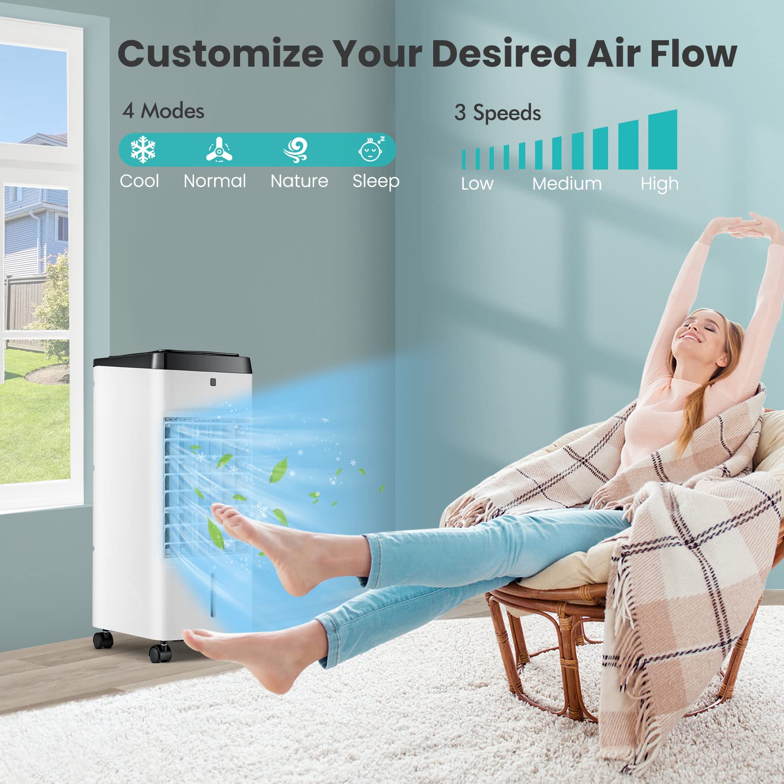 DORTALA Evaporative Air Cooler, 3-in-1 Cold Air Cooling Fan with Remote, 3.5L Water Tank, 2 Ice Packs, 4 Modes, 3 Speeds & Timer, 70° Oscillation, Portable Swamp Cooler for Small Rooms