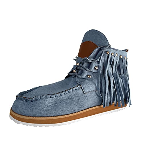 FASDNENDYS Ankle Boots Leather Tassel Round Toe Shoes Retro Casual Faux Boots for Women Rain Boots Size 5 Blue