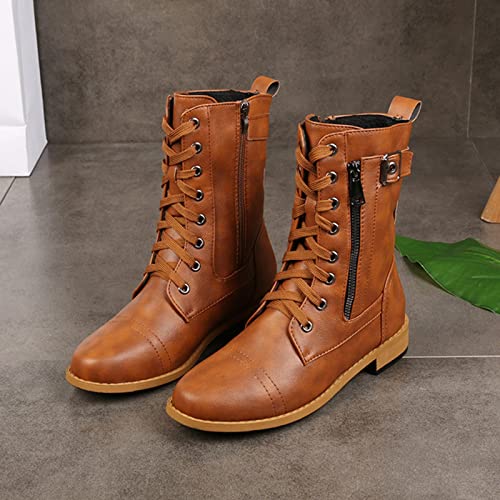 FASDNENDYS Boots for Women Low Heel Heel Side Motorcycle Chunky Boots Shoes for Women Zipper Cowboy Boots 1 Inch Heel Brown