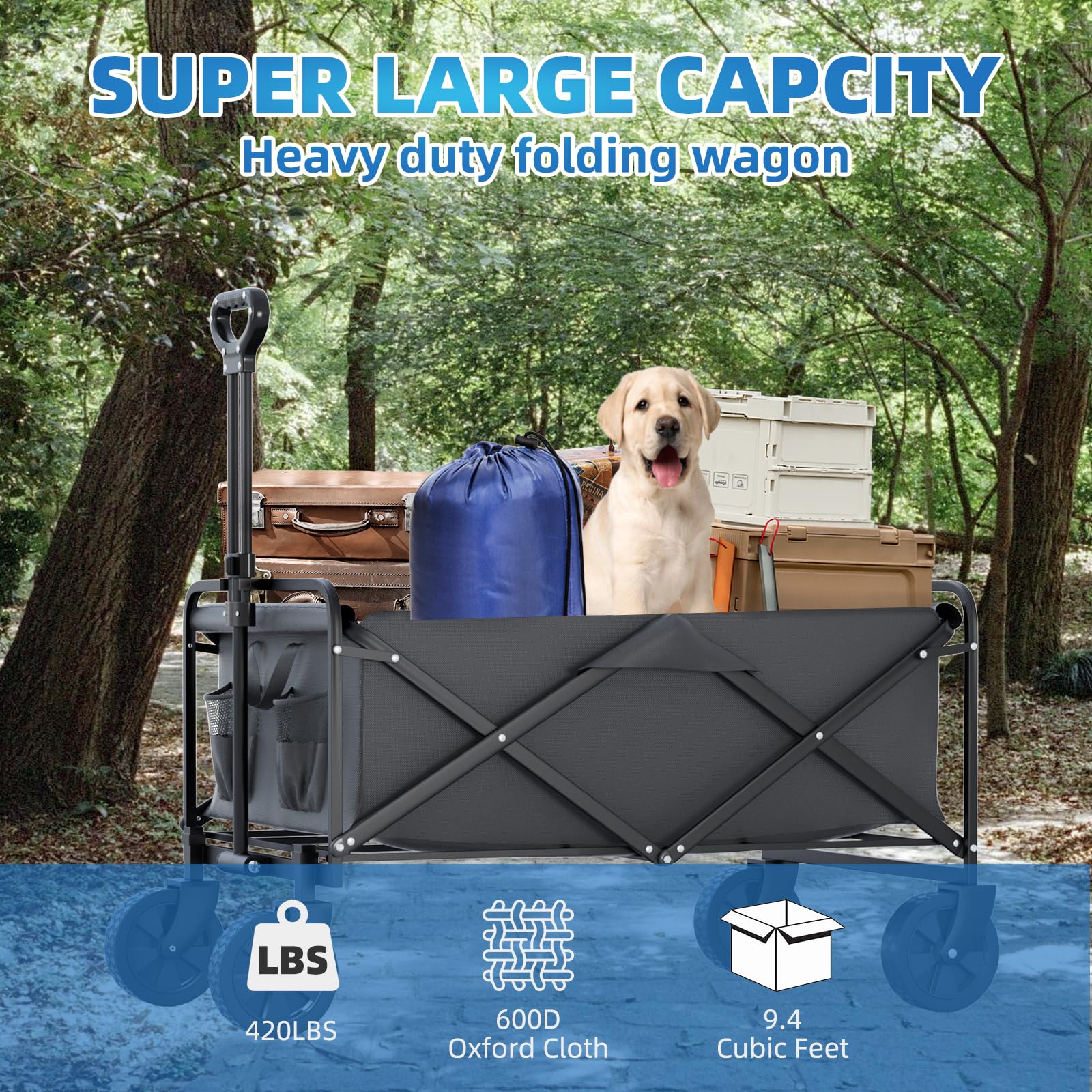 Dreamquest Collapsible Folding Beach Wagon Heavy Duty, Load 420Lbs Foldable Wagon Cart with Dual Brakes and Beverage Cup Holders,Gardening Wagon, All-Terrain Big Wheels for All Roads
