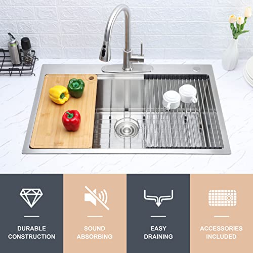 Herogo 33"X22" Workstation Kitchen Sink, 10 Deep Drop In Stainless Steel Topmount Single Bowl 2-Hole R10 Tight Radius Large Kitchen Sinks with Kit of 5 Accessories