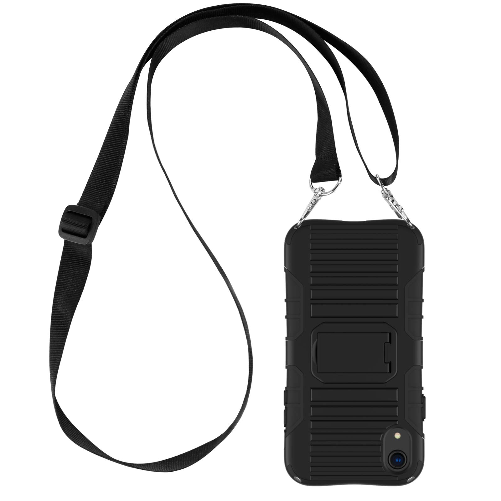 E-Tree for iPhone Xr Case [Shockproof] [Dropproof] [Anti-Lost] with Cross Body Strap and Stand, Shockproof Hard PC & Soft Rubber, Crossbody Lanyard Perfect for Go Outside and Kid Elderly, Black