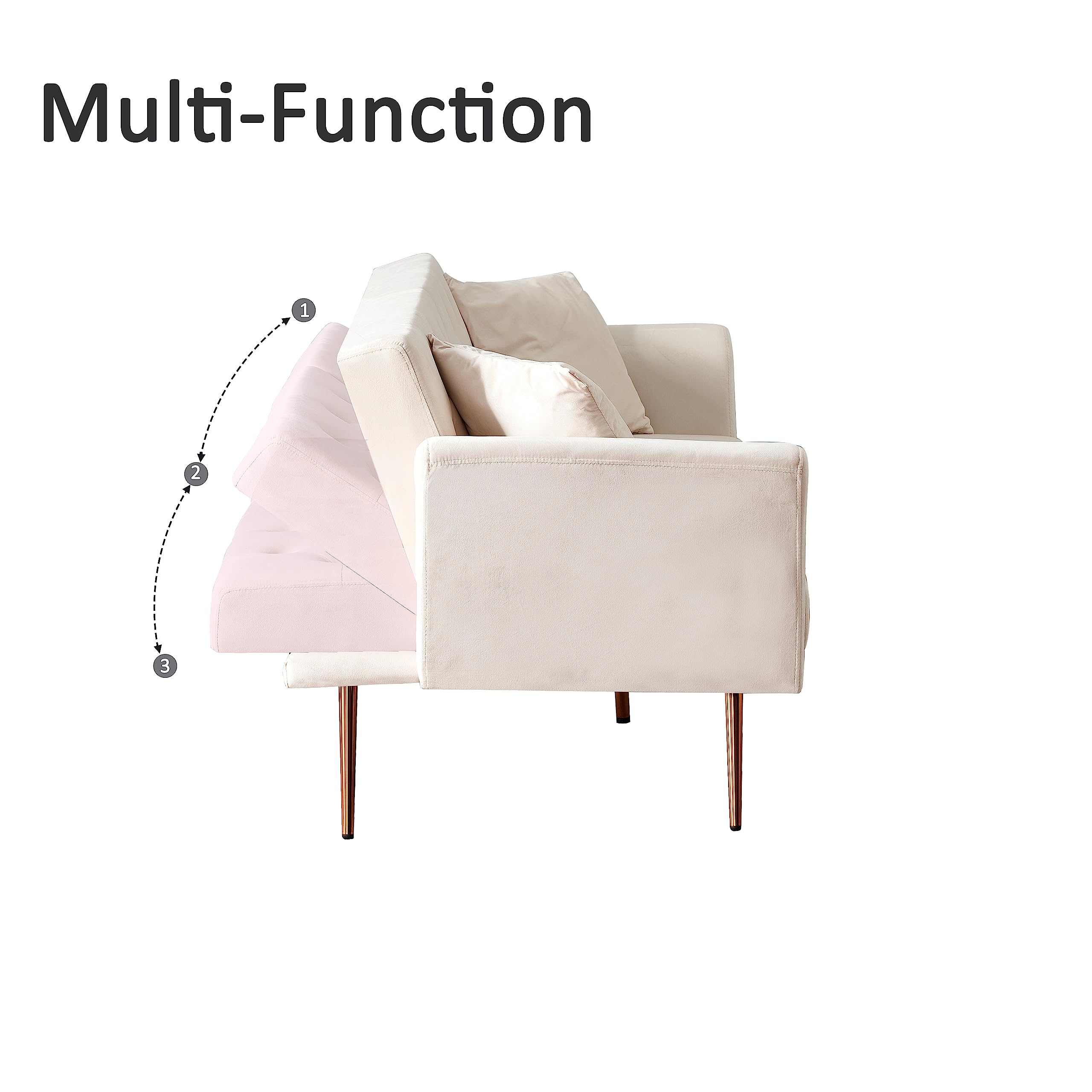 NoeBanJe Mid Century Modern Velvet LoveSeat Couches, Convertible Futon Sofa Bed with Metal Legs and Pillows, Adjustable Sleeper Sofa for Small Spaces, Bedroom Living Room (Beige)