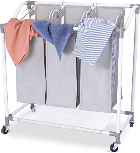 Laundry Basket with Wheels, Laundry Hamper 3 Section Removable Hampers for Laundry Organization and Storage, Metal Frame Cart with 90lbs Capacity, Mesh Sided Foldable Bags, No-Screw Simple Assembled