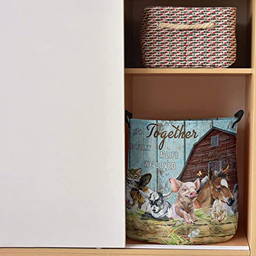 Laundry Basket Rural Life with Pig Cow Donkey Cat Rabbit,Waterproof Collapsible Clothes Hamper Farm Animals Retro Barn Door,Large Storage Bag for Bedroom Bathroom 13.8x17In