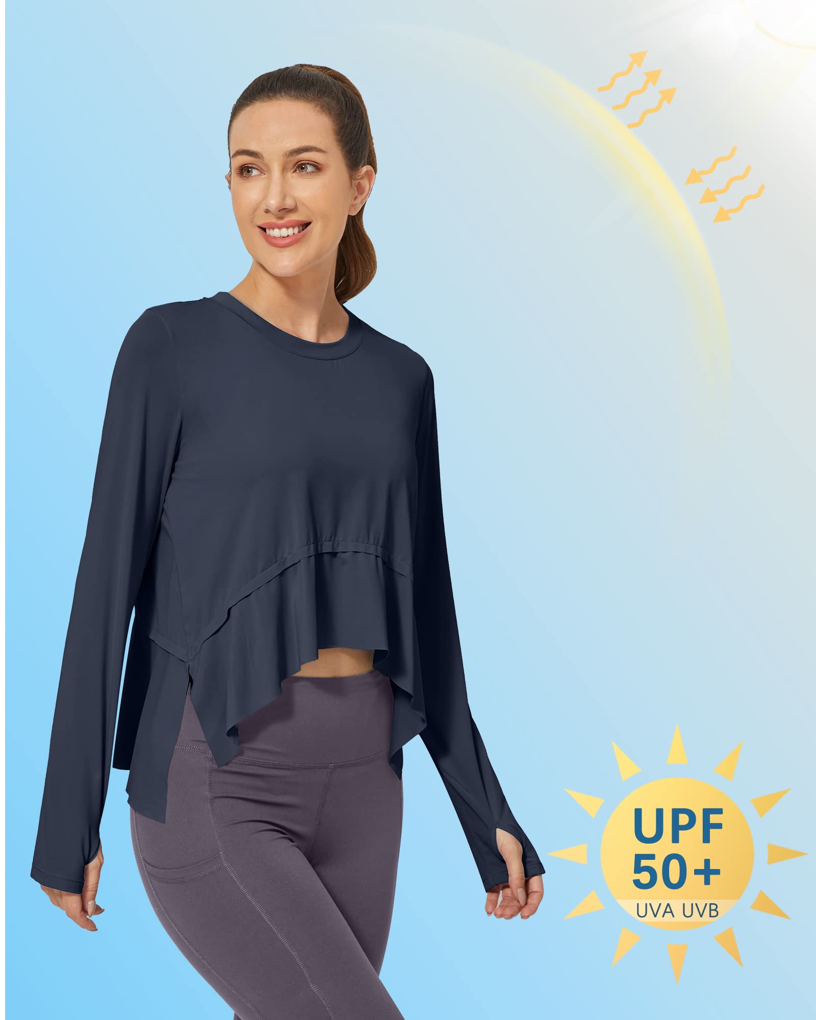 G4Free Women's Workout UV Shirts Long Seeve Sun Protection Crop Tops with Thumb Hole for Running Athletic Hiking (Navy,L)