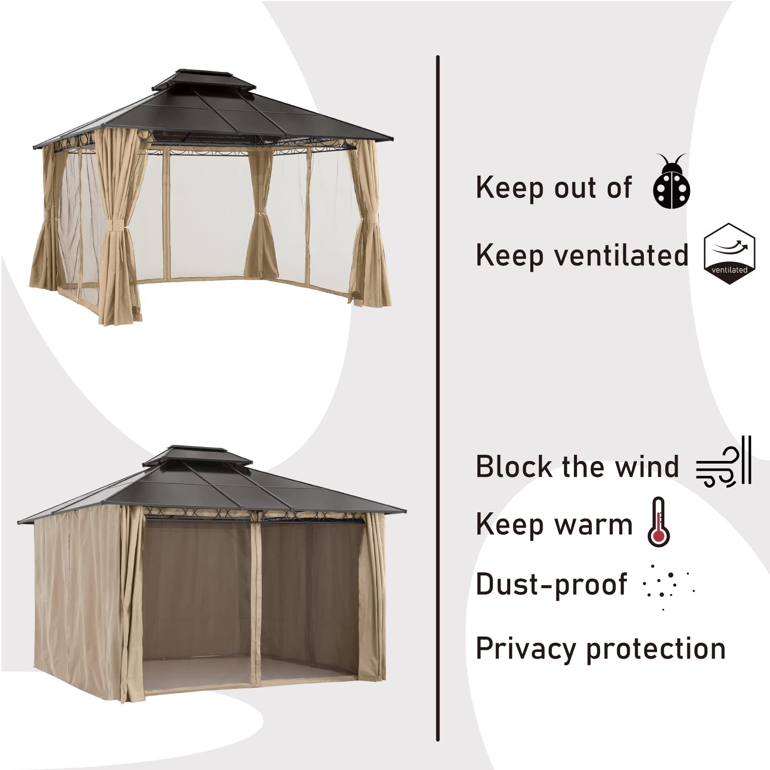 COOSHADE 10×10 Polycarbonate Roof Patio Gazebos Double Vent Waterproof Outdoor Gazebo with Curtains and Mosquito Netting (Khaki)
