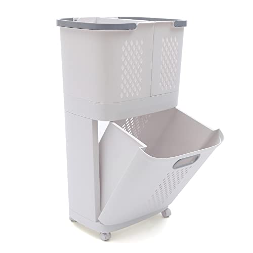 Laundry Basket with Wheels Movable Household Laundry Hamper 2 Tier Plastic Sorter Baskets Bathroom Clothes Storage Basket for Bathroom Bedroom Kitchen Organization 17x12x29Inches