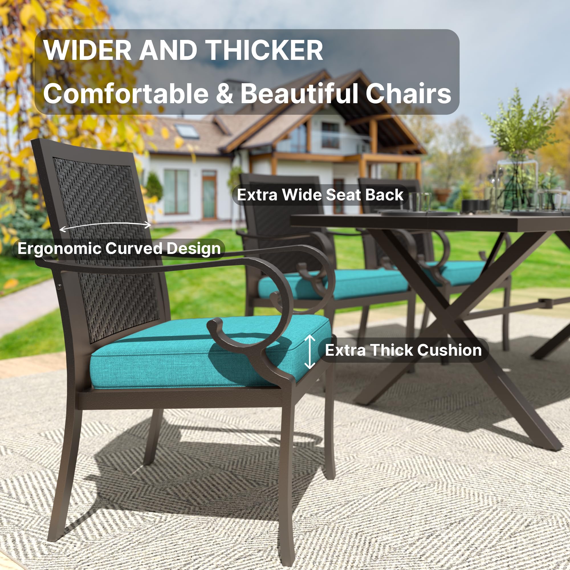Gotland 7 Piece Outdoor Dining Table and Chairs for 6, Rectangular Patio Dining Table with Umbrella Hole, Modern Outdoor Patio Set, Lawn Garden Outdoor Table and Rattan Chairs