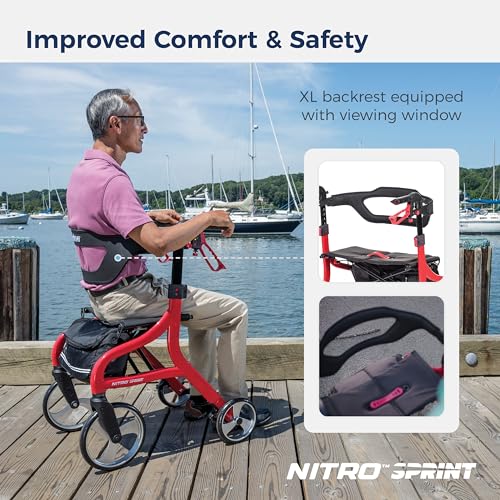 Drive Medical Nitro Sprint Foldable Rollator Walker with Seat, Standard Height Lightweight Rollator with Large Wheels, Folding Rolling Walker, Walker Rollator with Seat, Red