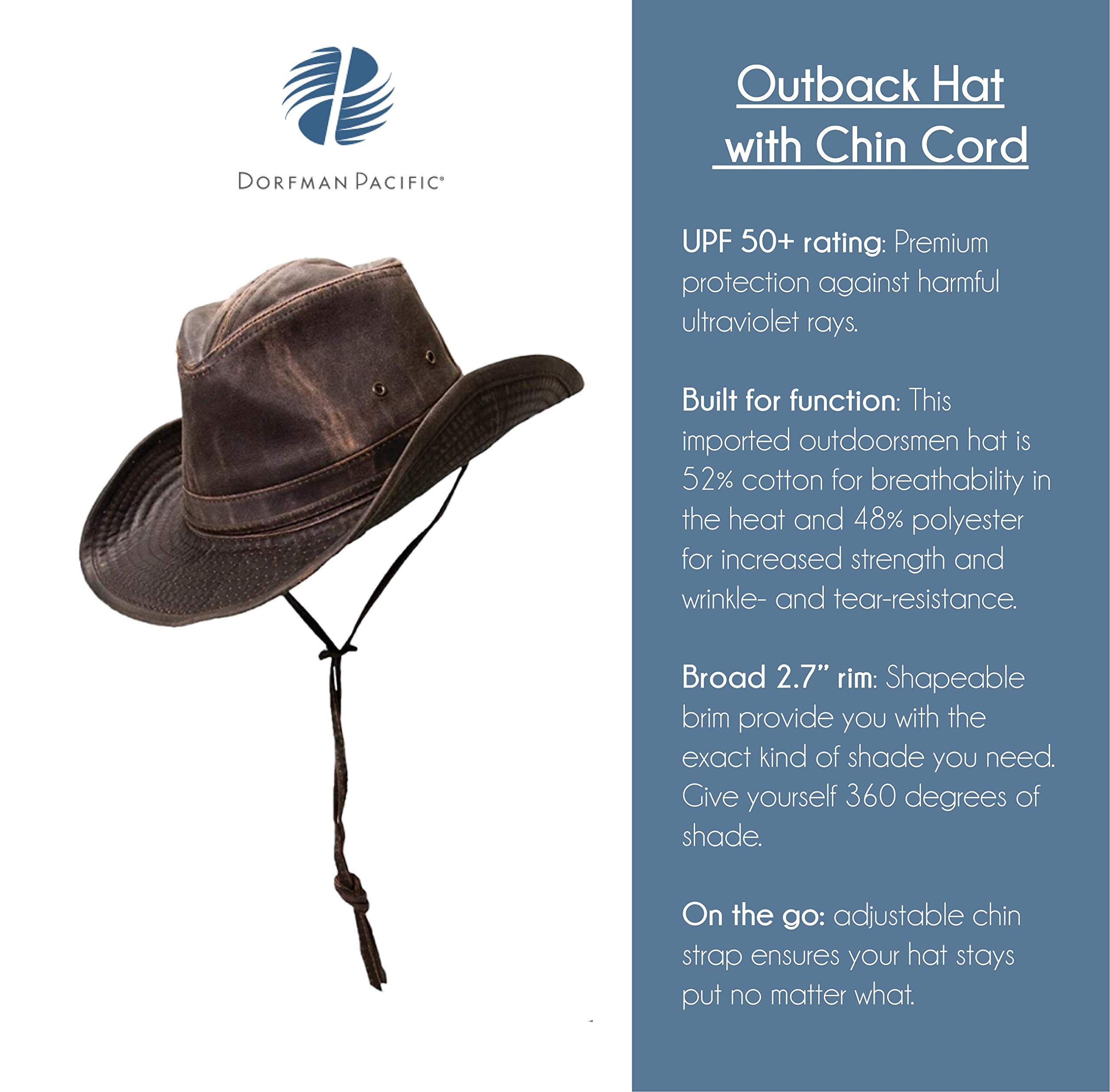 Dorfman Pacific Men's Outback Hat with Chin Cord (X-Large, Bark)
