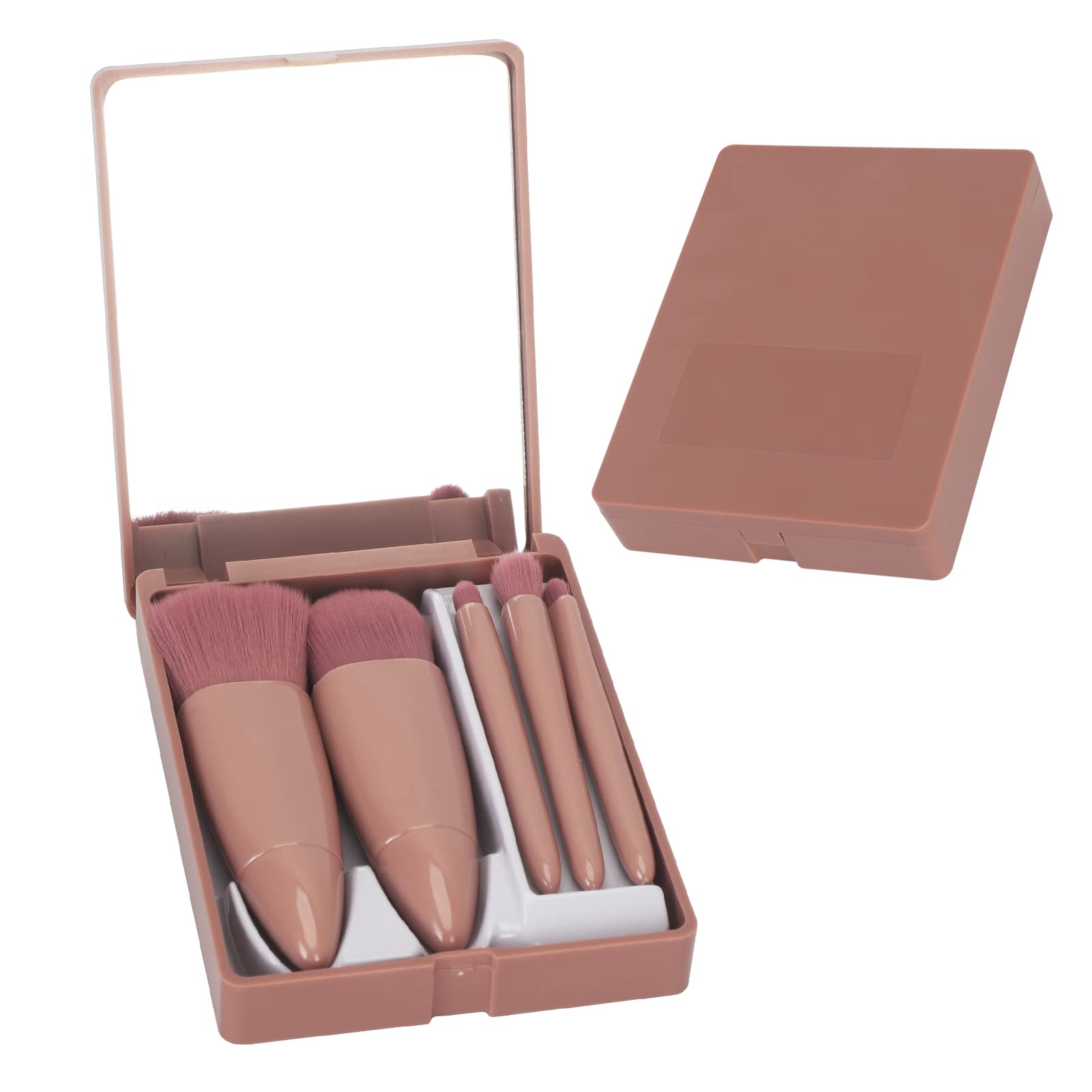 GoodSing Travel Makeup Brush Set, 5PCS Makeup Brushes and A Portable Cosmetic Brush Case With Mirror, Face Eyeshadow Brush For Foundation Powder, Blush Pink