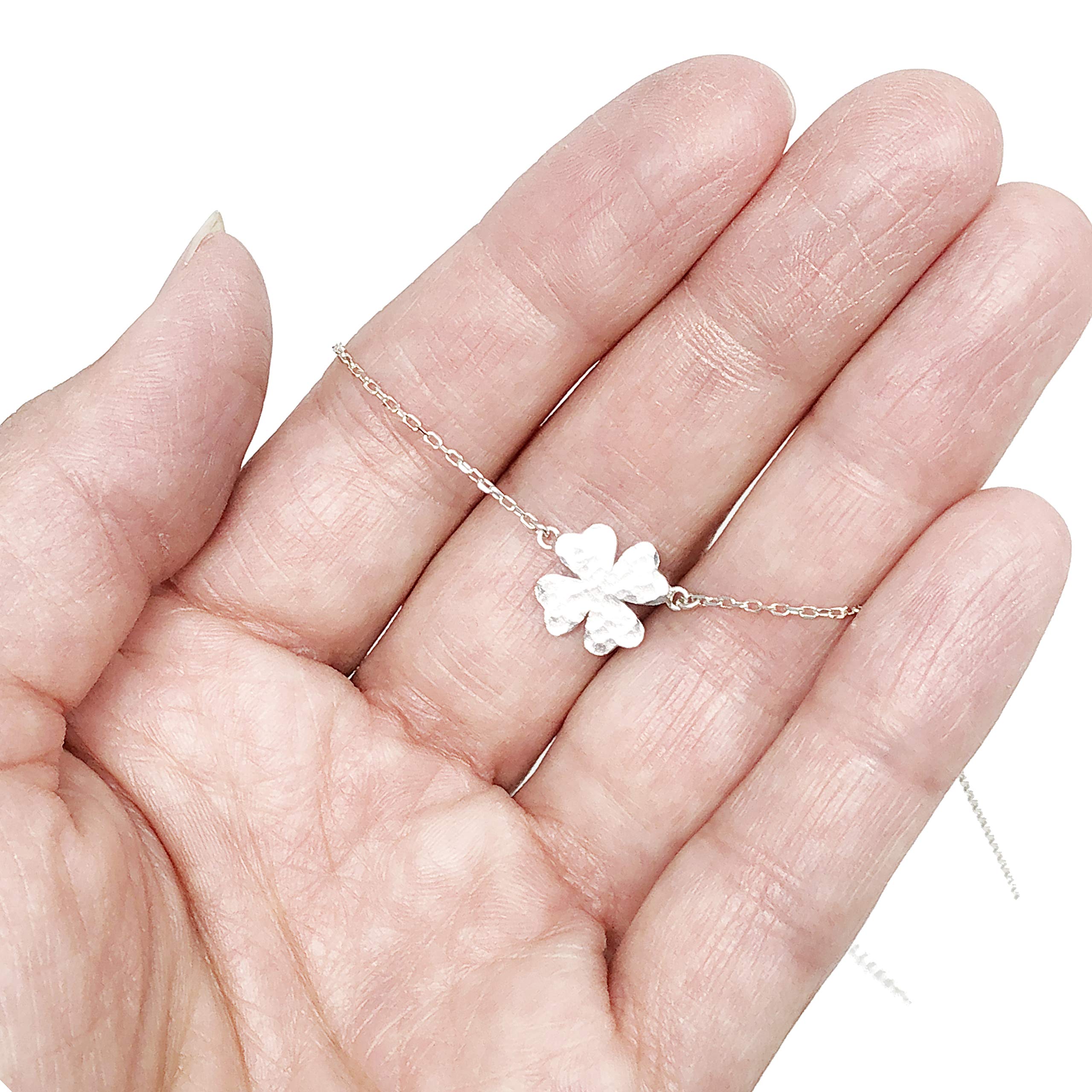 Dote Lucky Four Leaf Clover Pendant Dainty Genuine .925 Sterling Silver Hammered Necklace w/ 16-18" Adjustable Chain