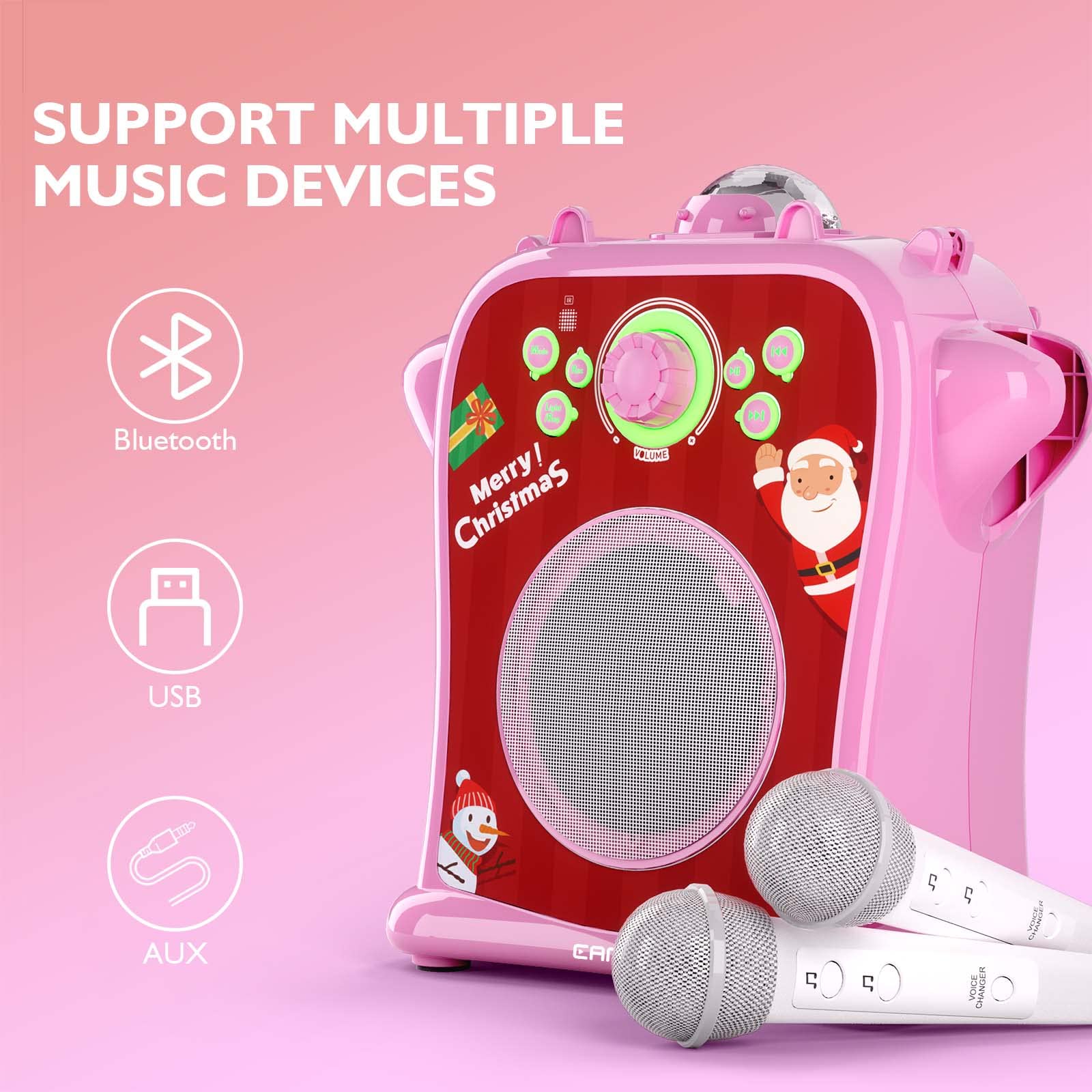 EARISE T29 Pro Karaoke Machine for Kids Girls with 2 Microphones, Singing Machine with 3 Interchangeable Theme Panels, LED Disco Lights, 12 EQ Effects, Birthday