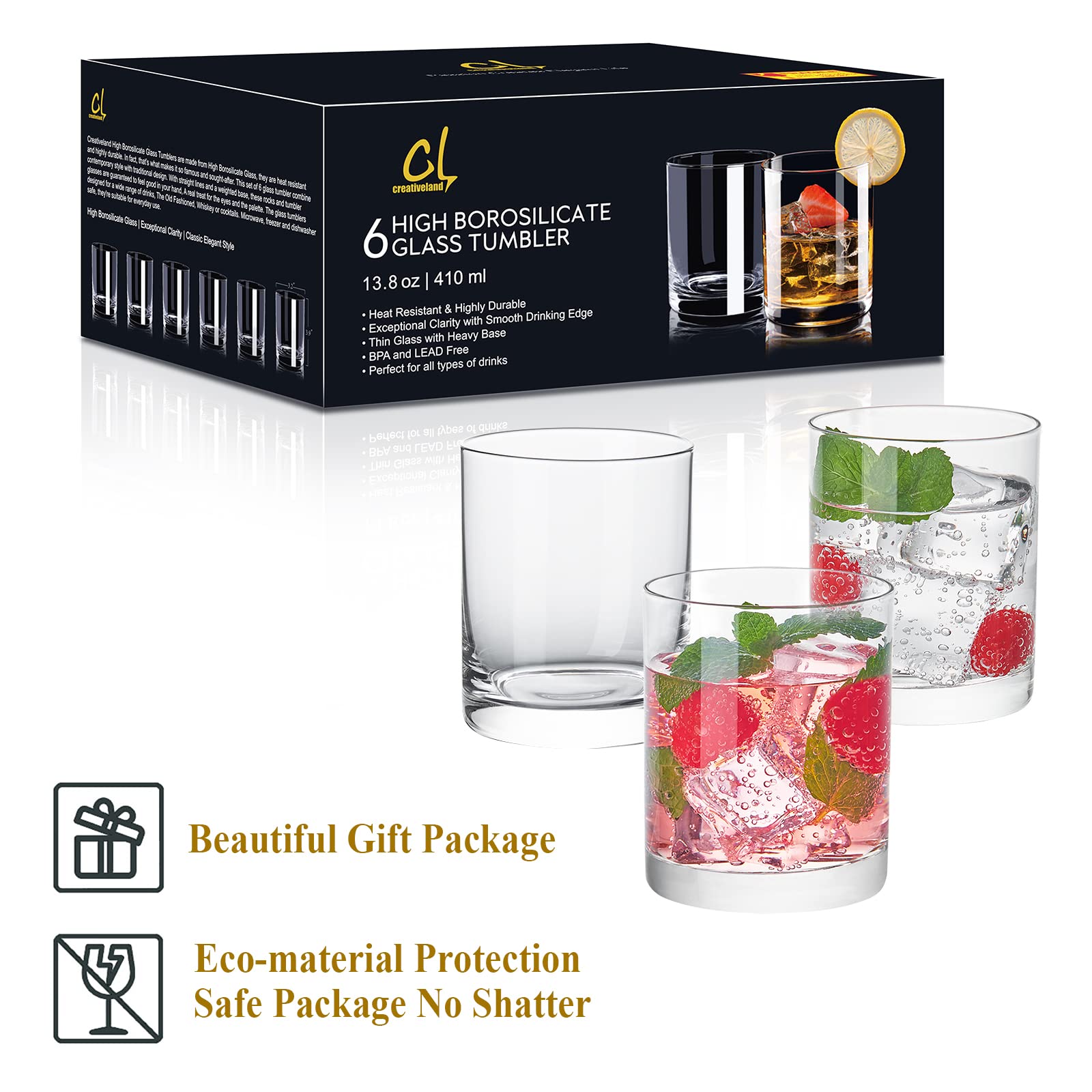 FAIRCRAFT Heat-Resistant Drinking Glasses Set of 6 Double Fashioned Glass Lowball Tumblers 13.5oz Made From Premium Borosilicate All Crystal-Clear Water Cups, Mixed Drinkware For Daily Use…