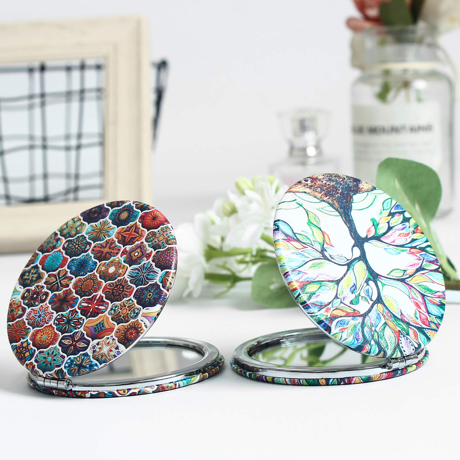 Dynippy Compact Mirror Round Pu Leather Makeup Mirror for Purses Small Pocket Mirror Portable Hand Mirror Double-Sided with 2 x 1x Magnification for Woman Mother Great Gift (Lucky Tree)
