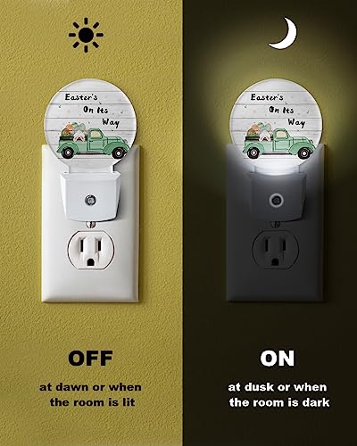 Night Light Plug into Wall, LED Nightlights Easter Green Truck with Bunny Eggs Wooden Board Texture Small Nightlight Auto Dusk-to-Dawn Sensor Lamp LED Night Lights for Kid's Bedroom, Bathroom