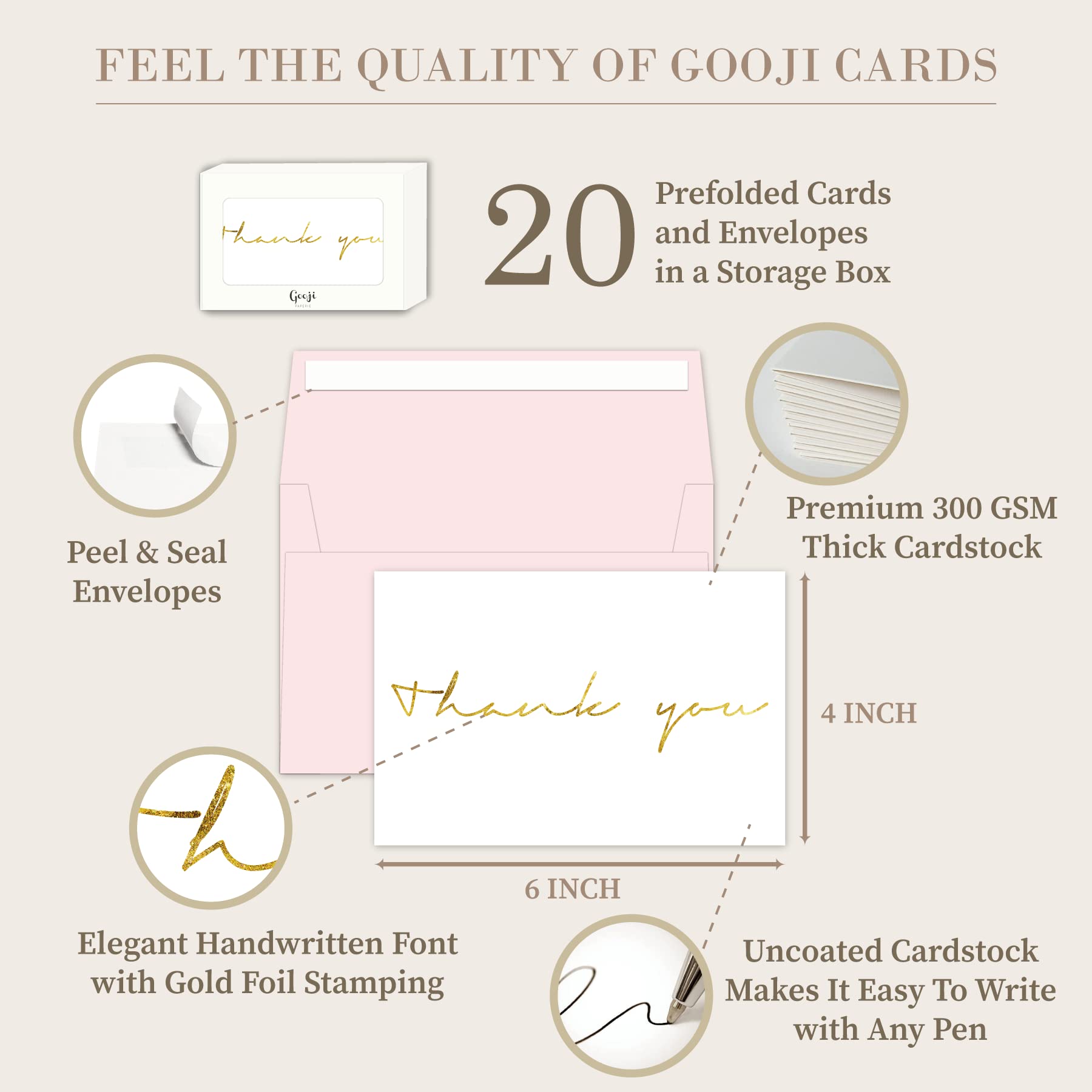 Gooji 4x6 Gold Foil Thank You Cards with Matching Peel-and-Seal Pink Envelopes (20-Pack)