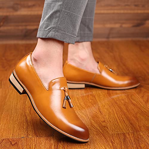 FASDNENDYS Fashion Style Men's Breathable Tassel Comfortable Business Slip On Work Leisure Leather Dance Shoes for Men Yellow