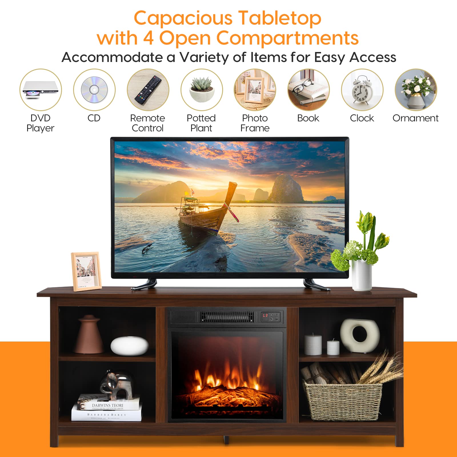 Electric Fireplace TV Stand for 65 Inch TV, 58 Inch Farmhouse Entertainment Center with 18" Fireplace, 6H Timer & Remote Control, 4 Storage Cabinet, Brown