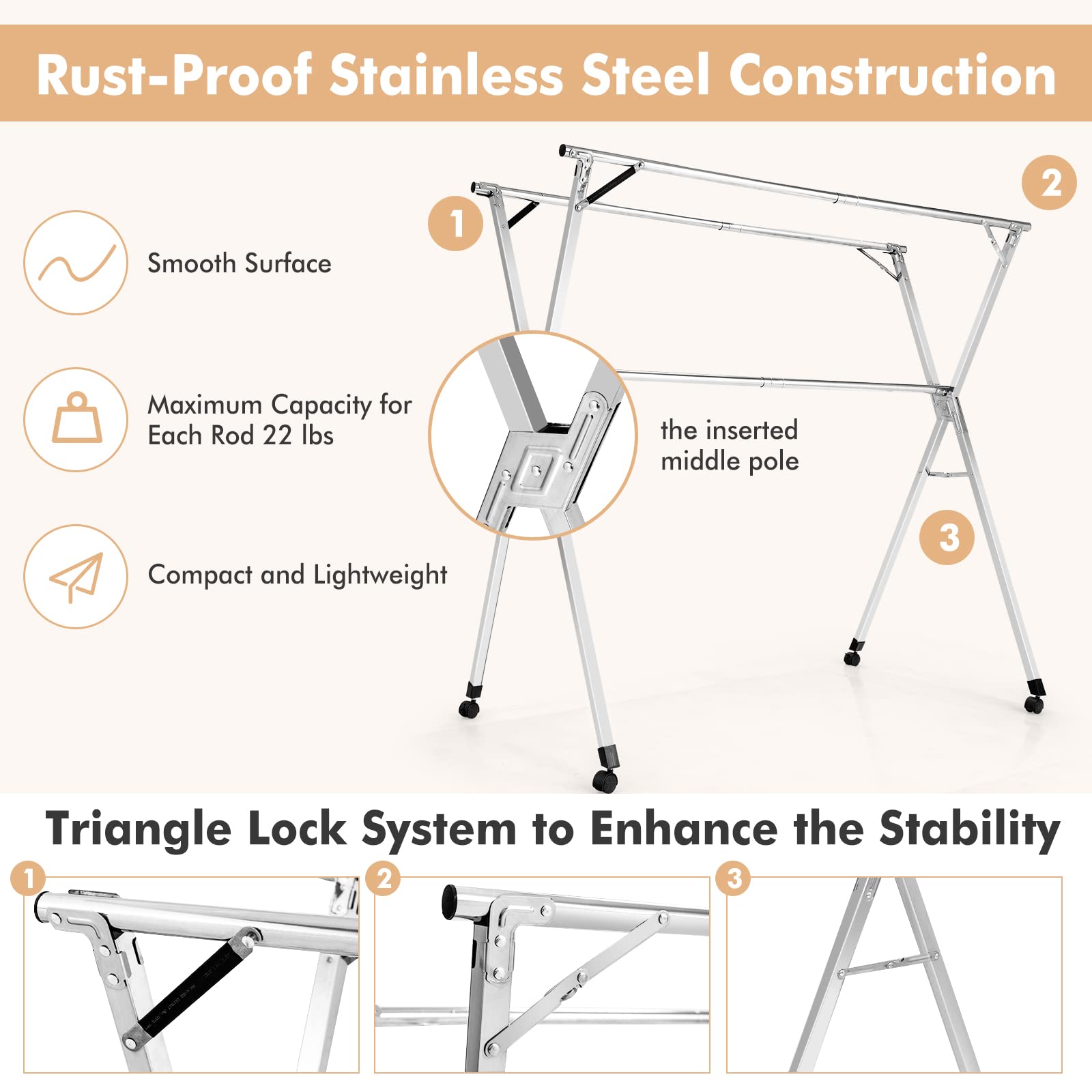 Nightcore Clothes Drying Rack, Stainless Steel Garment Rack with 4 Universal Wheels, Free of Installation, Foldable & Length Adjustable Hanger Rack for Indoor Outdoor