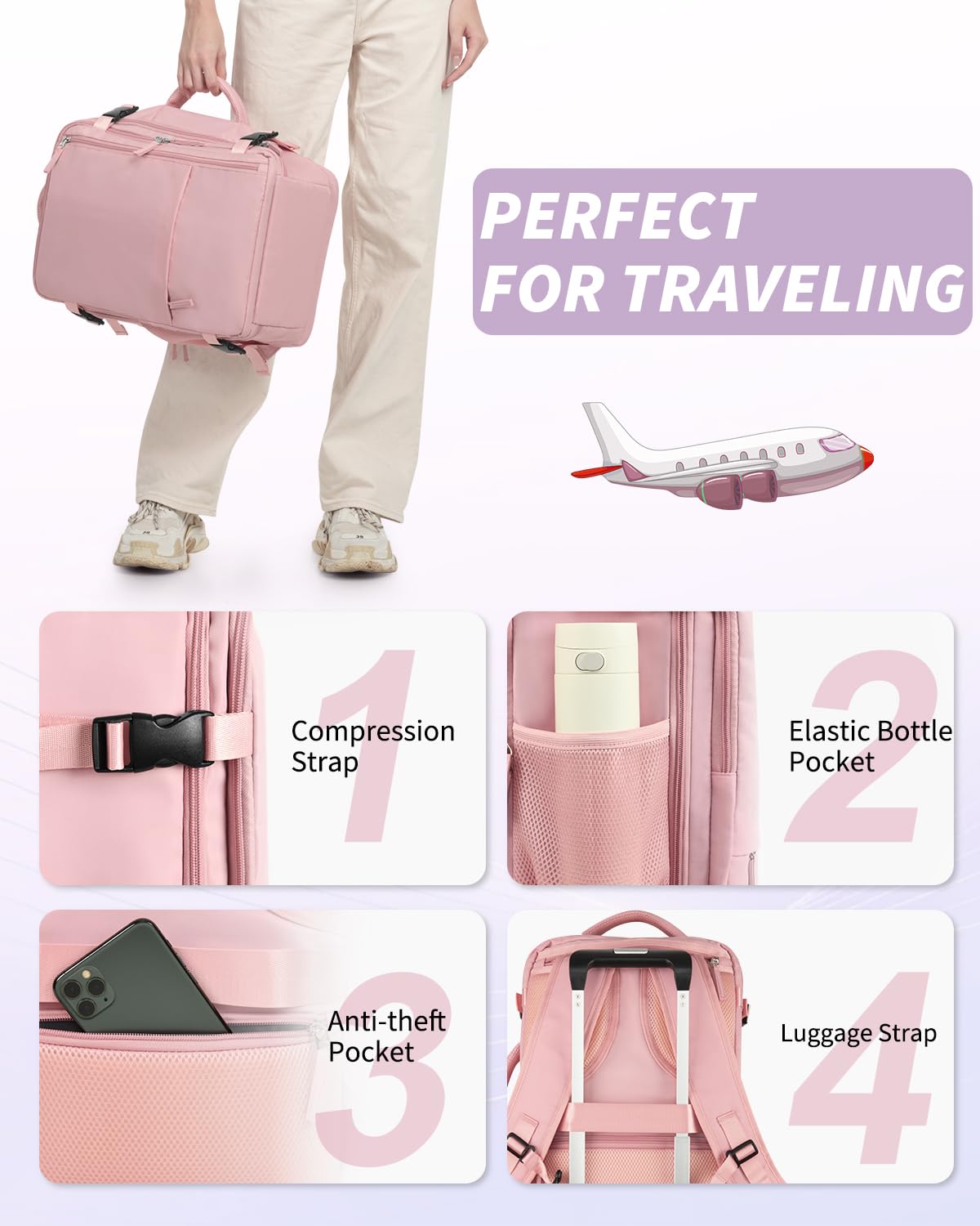FALARK INC Travel Backpack For Women, 35L Carry On Backpack Flight Approved, Waterproof Personal Item Travel Bag Suitcase Backpack With USB Hole For Weekender, Traveling, Pink