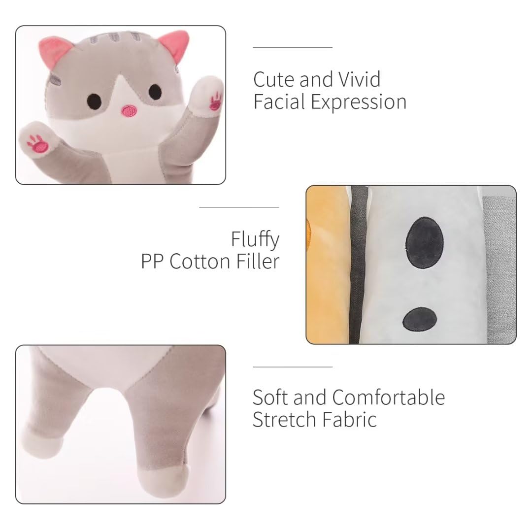 SHINUOER Long Cat Plush Pillow Cat Body Pillow,Gray Cat Stuffed Animals Soft Plushies Kawaii Stuffed Kitten Plush Toy for Kids Girlfriend(Gray, 19.7Inch)