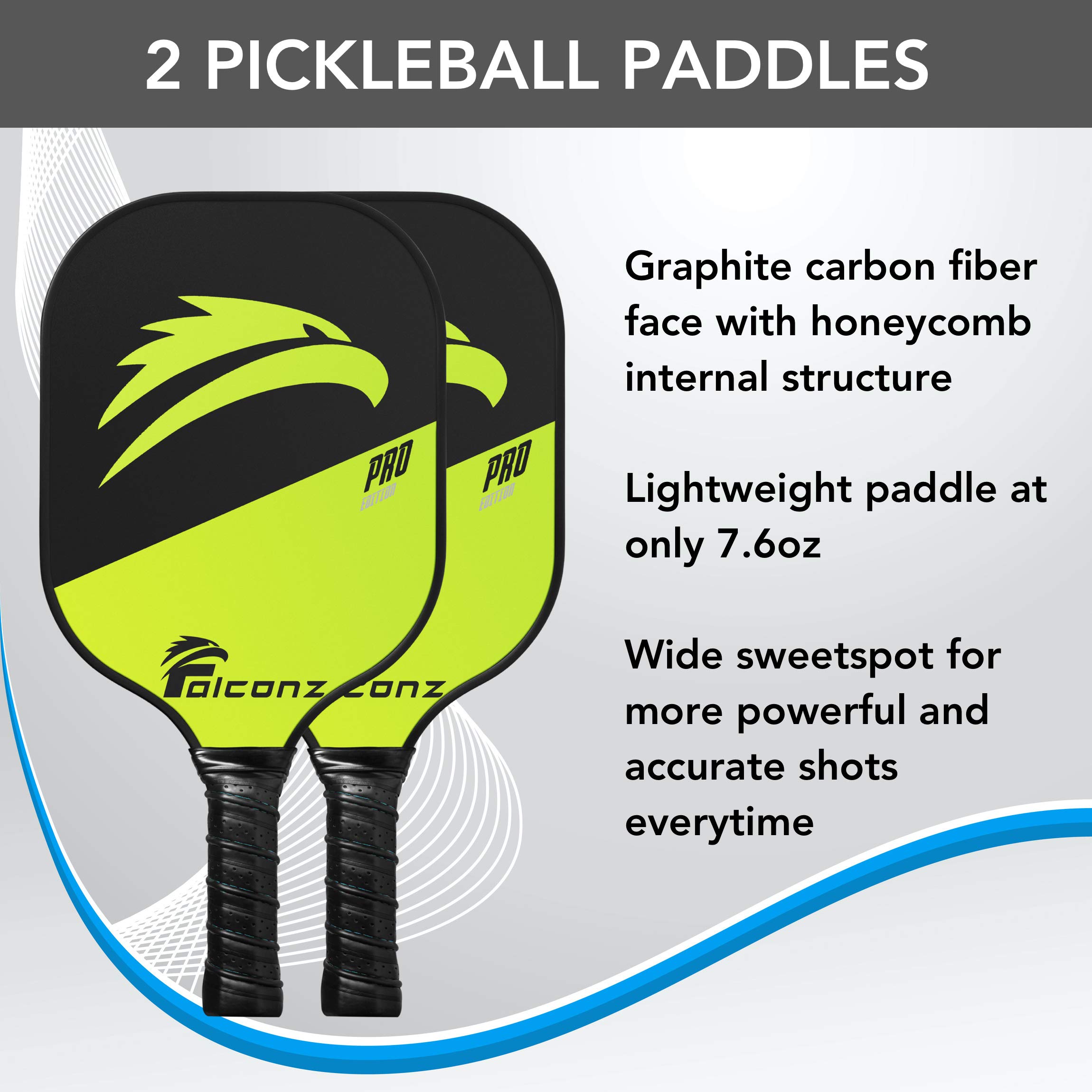 Falconz Pickleball Set - 2 Lightweight Graphite Paddles with Honeycomb Internal Structure and 9 Pickleball Balls