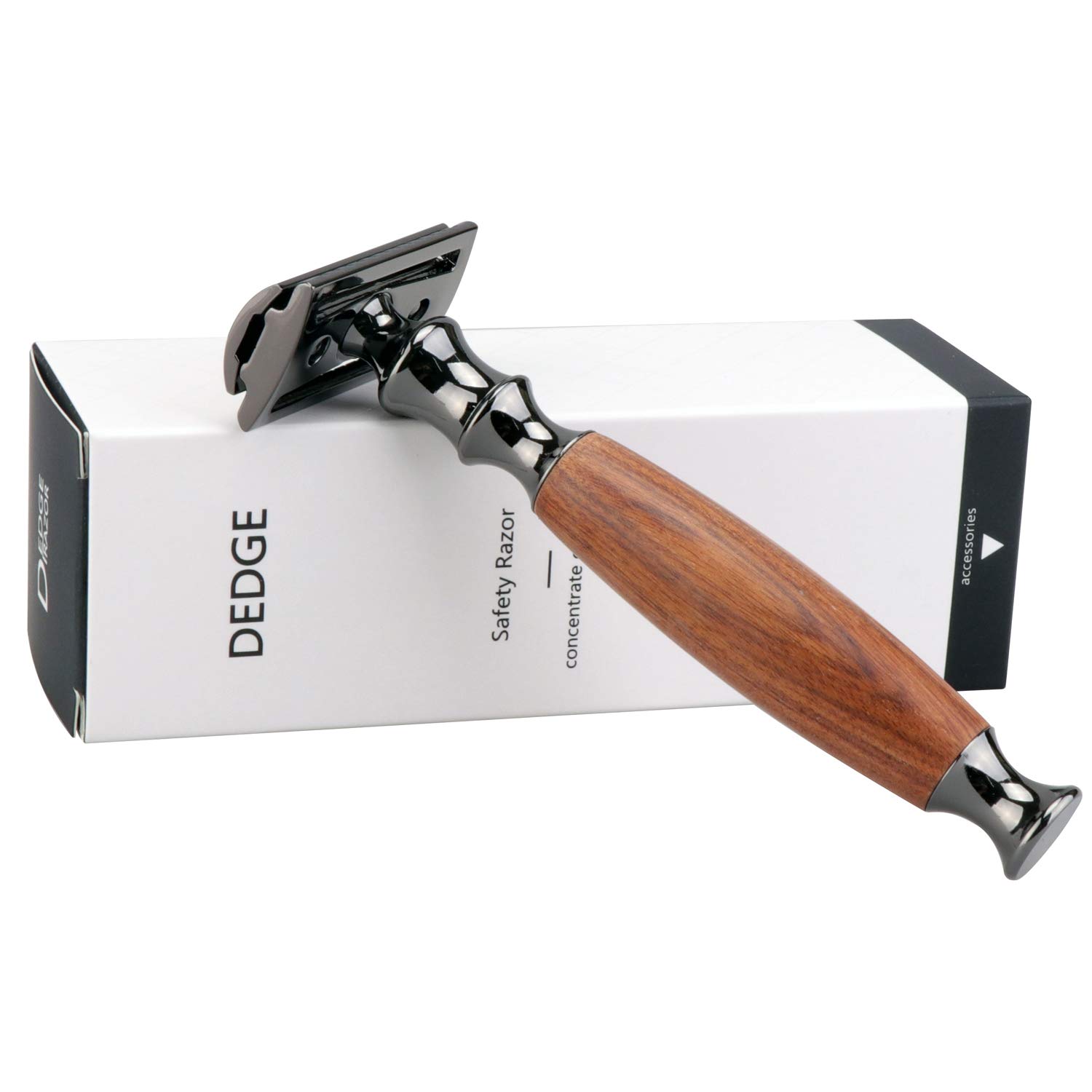 Dedge Classic 3-piece Double Edge Safety Razor with Long Natural Wooden Handle Shaving Razor