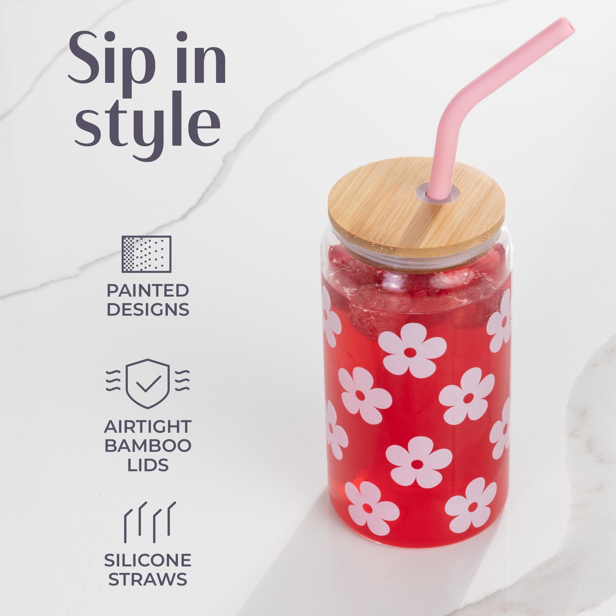 Drinking Glasses with Bamboo Lids - 16oz Glass Cups with Airtight Lid and Wide Silicone Straws - Set of Four - Can Shape Glassware with Fun Designs
