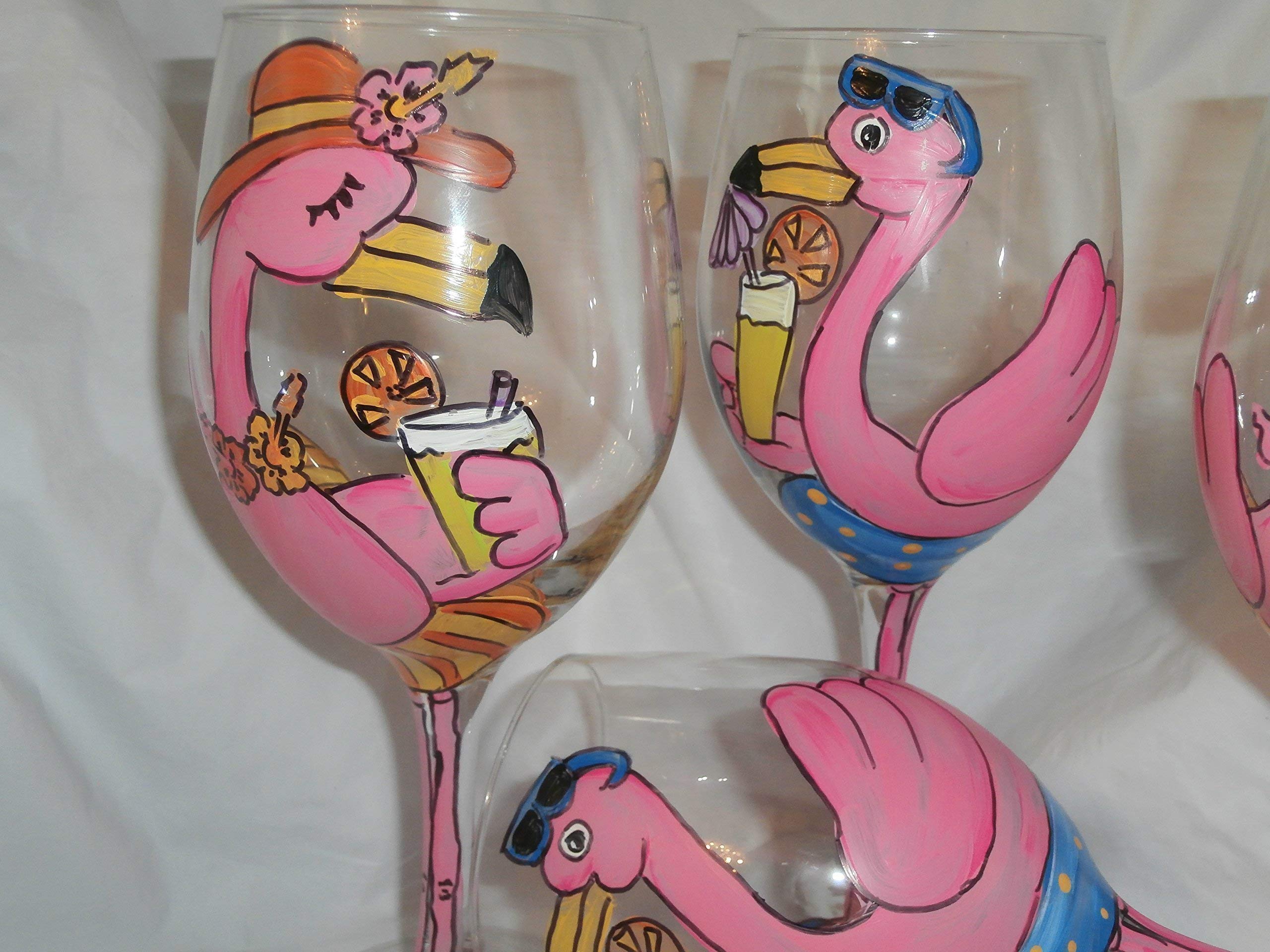 Hand painted beach Flamingos. Set of 4. 2 male and 2 female.